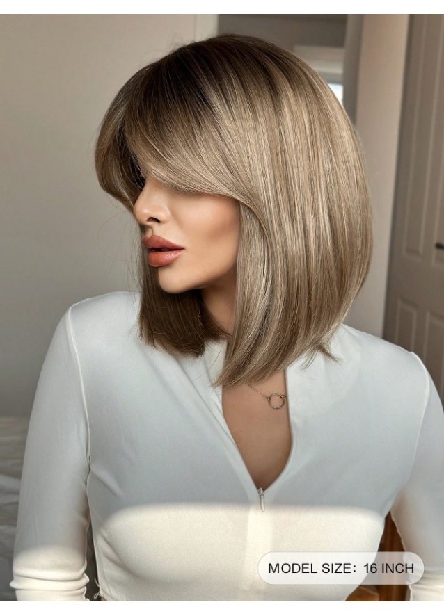 Peruca bob cu breton, lungime 40 cm, culoarea saten blond cu radacinile ...