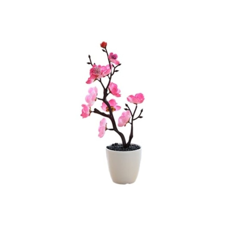 Bonsai artificial cu flori de prun, planta decorativa in ghiveci, verde ...