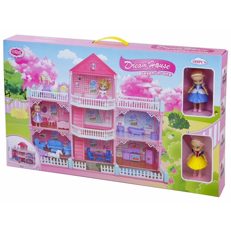 Casă de păpuși cu etaj, roz, 73x34x57cm, set cu mobilier și 2 păpuși ...