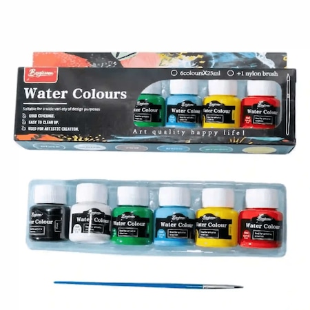 Set Acuarele Guase Borcan 25ml, 6 Culori cu Pensula 15cm, Pe Baza de ...