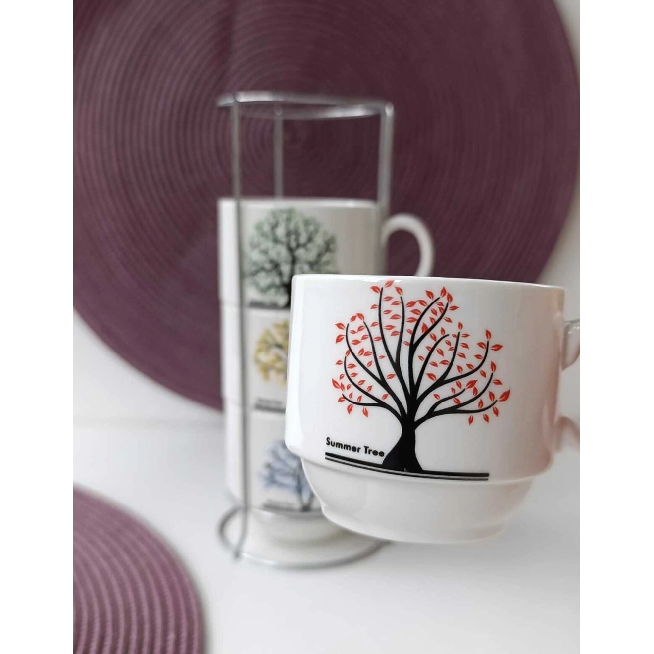 Set 4 Cesti din Ceramica cu Suport Metalic, 220 ml, Model Copaci ...