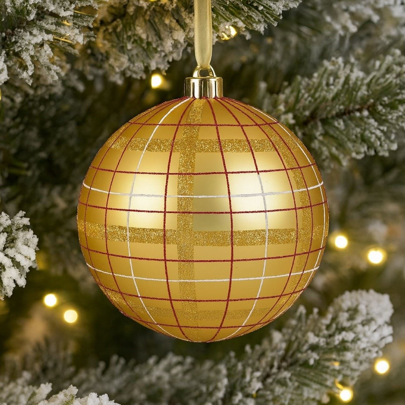 Ornament brad de craciun glob auriu mat in carouri rosii albe glitter ...