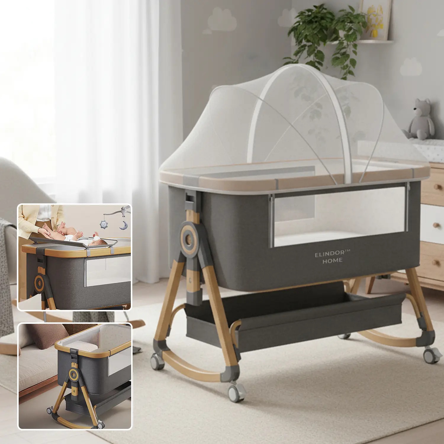 Patut Pliabil Bebelusi Elindor® 3 in 1, Copii 0-12 luni, Leagan Bebe pe ...
