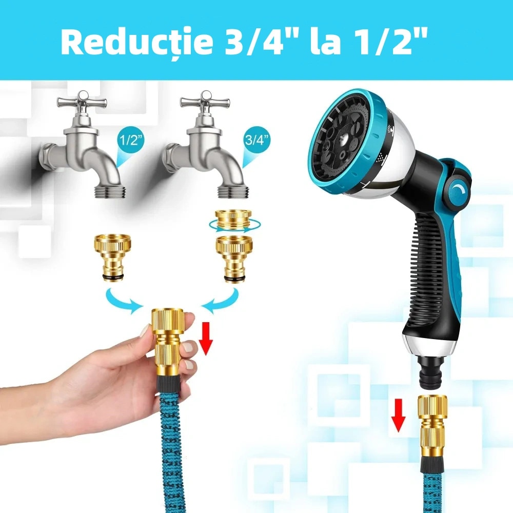 Furtun Extensibil pentru Gradina, 30m (3/4" - 1/2") - Se Extinde la ...