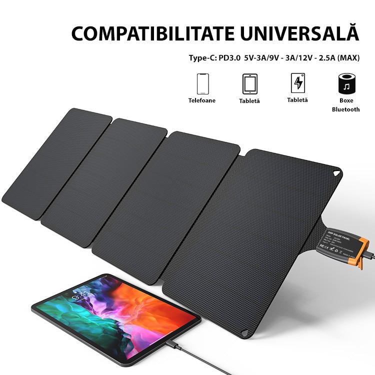 Panou Solar Portabil 36W, pliabil si rezistent la apa, cu USB-C PD 3.0 ...