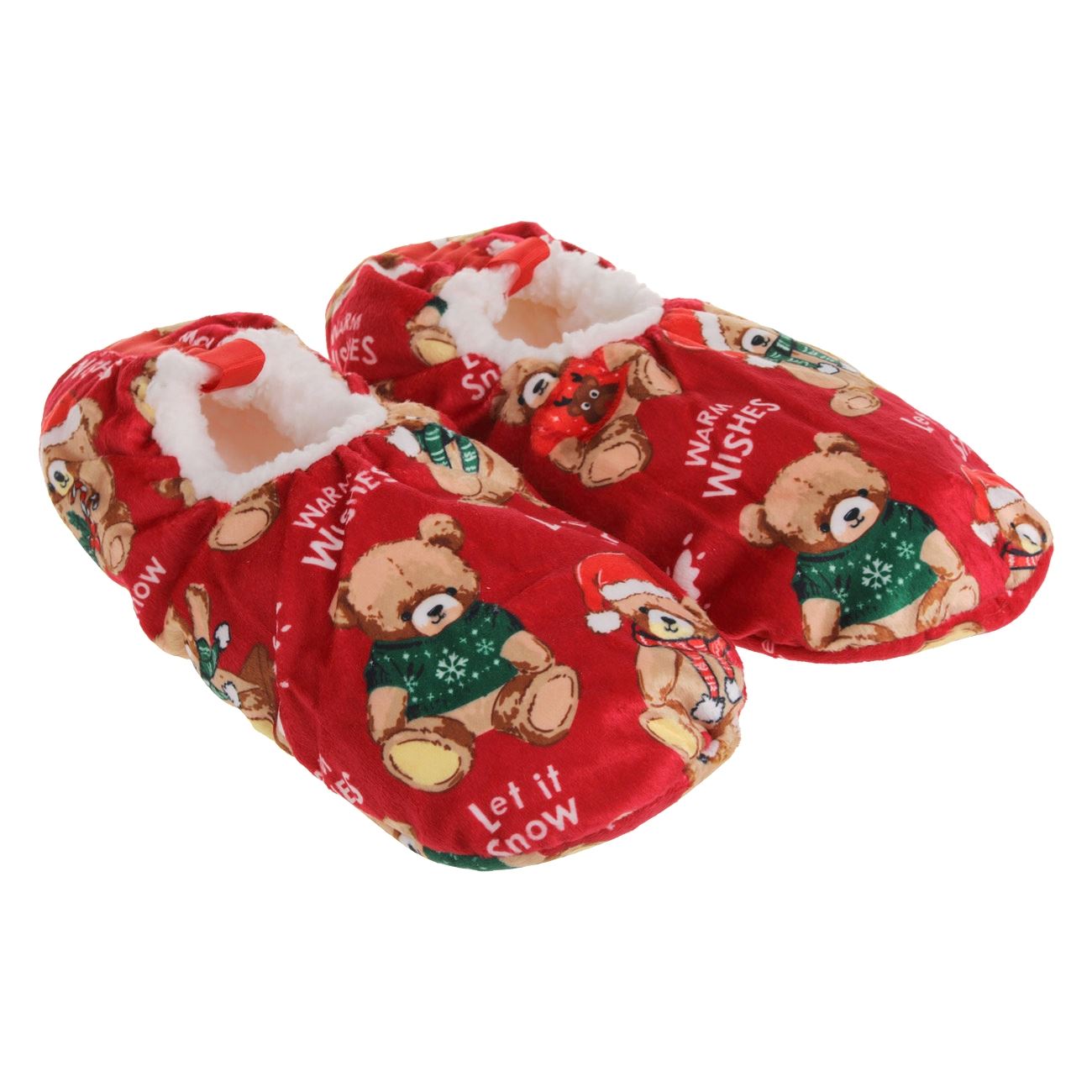 Коледни пантофи балеринки, червени, с модел мечета, противоплъзгаща ...