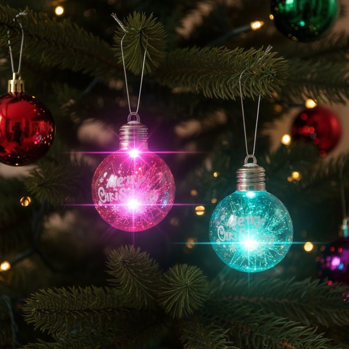 Set 12 Globuri Craciun cu Lumina LED, model Becuri colorate, Ornament ...