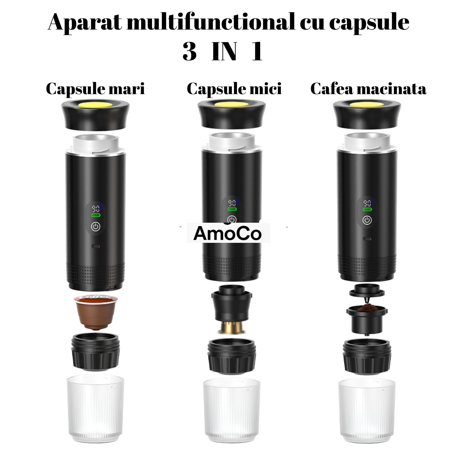 Espressor Portabil Electric AmoCo® 3in1, Afisaj LED, Compatibil Dolce ...