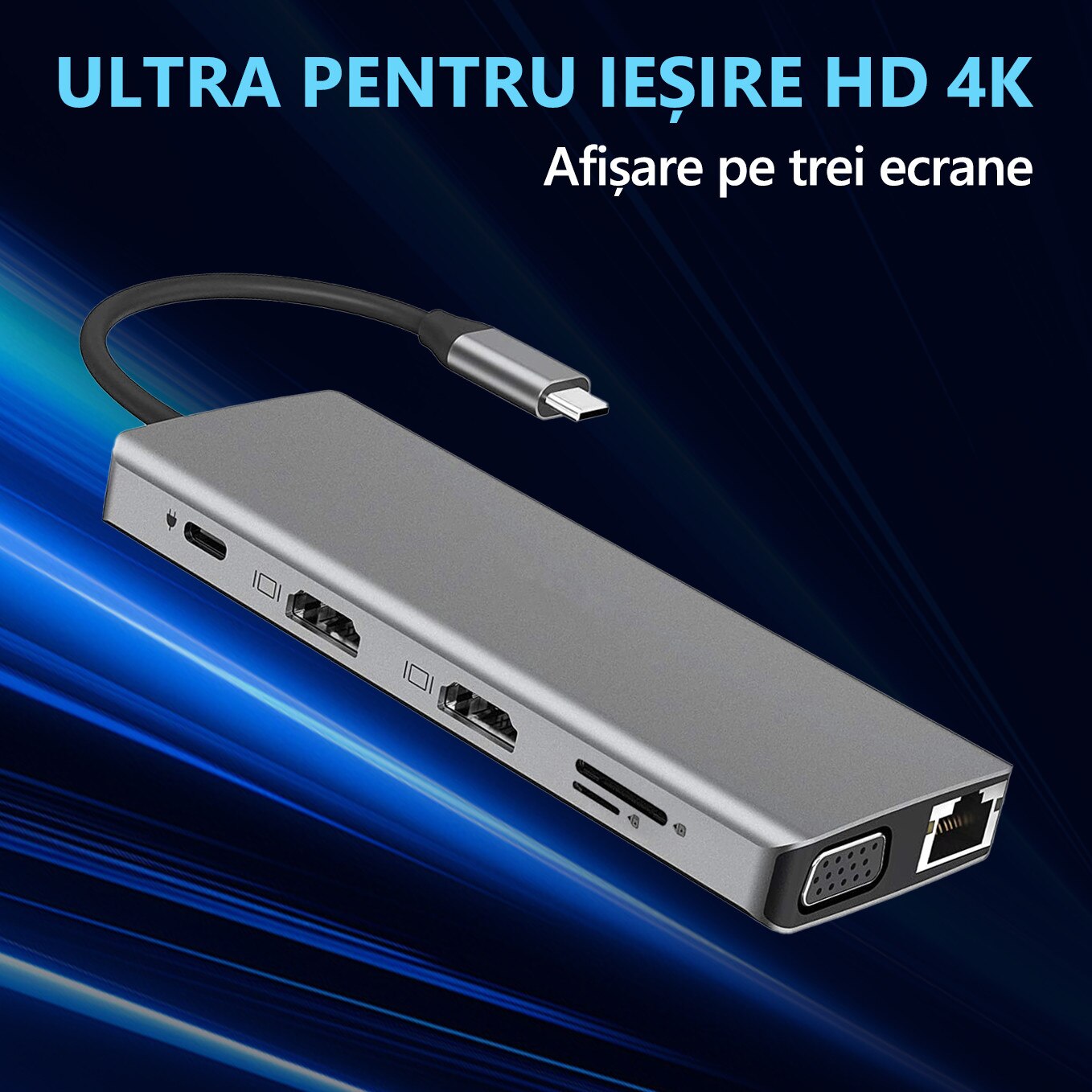 Statie de andocare 12 in 1, Yulinland®, HDMI, VGA, USB 3.0, USB 2.0 ...