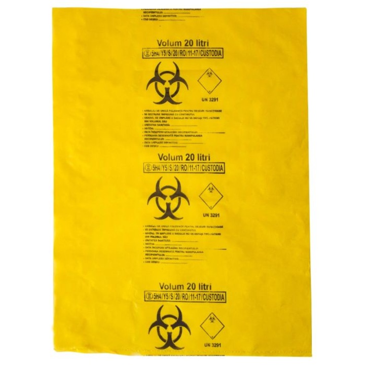 Saci galbeni pericol biologic 20L BIOHAZARD ADR, 50 microni, 50 bucati ...