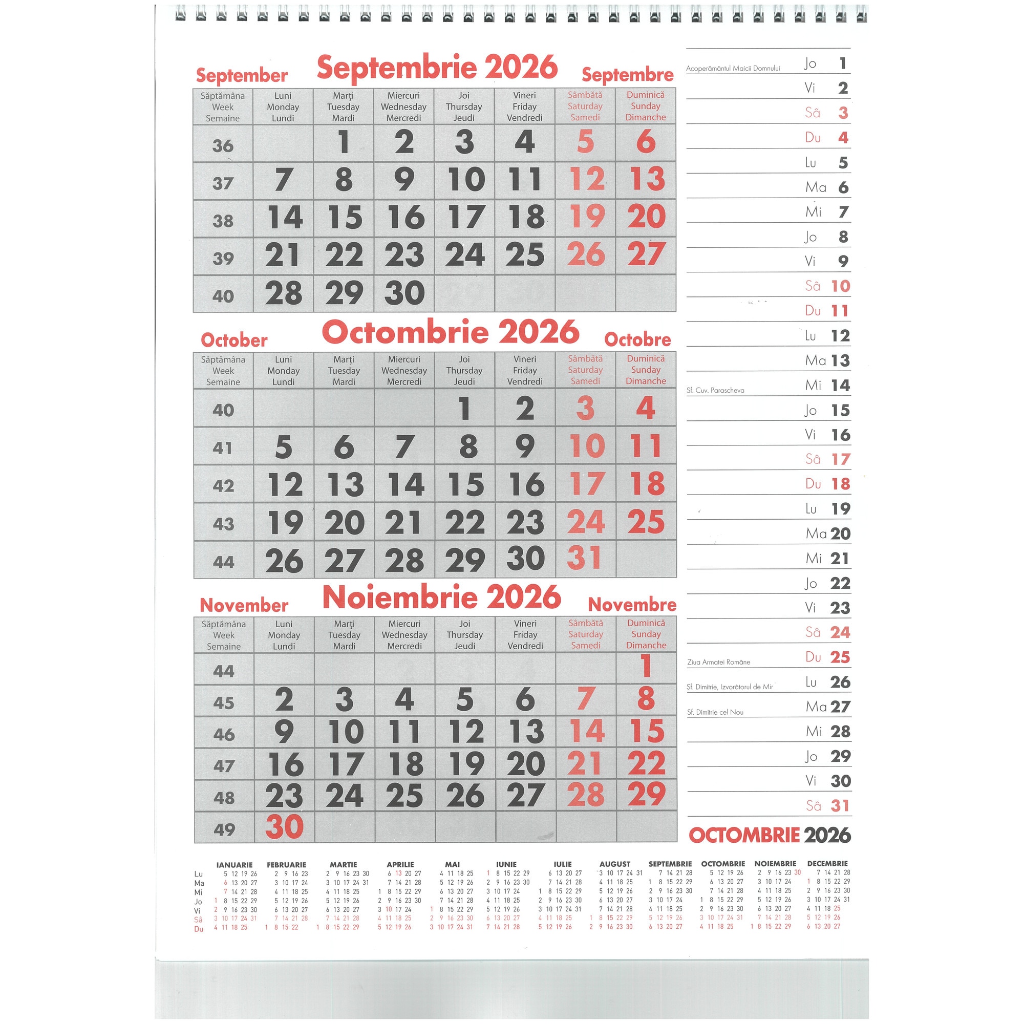 Calendar de perete triptic cu planificator, format A3, anul 2026, 12 ...