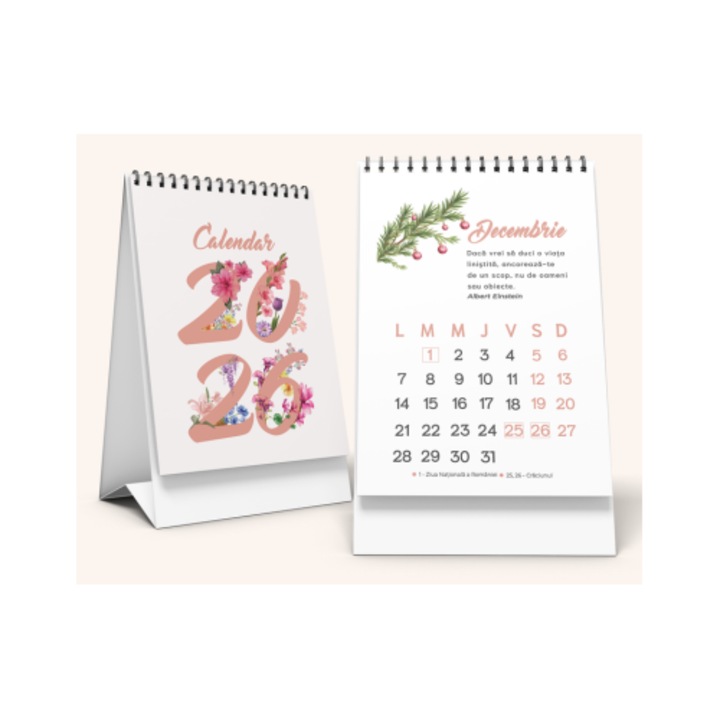 Calendar de birou 2026 cu citate, format 100x160 mm, design floral ...