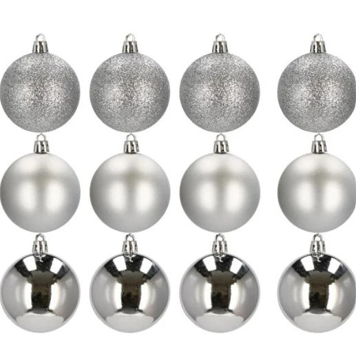 Set 12 Globuri Brad 8 cm, Argintiu, Globuri Simple & cu Sclipici pentru ...