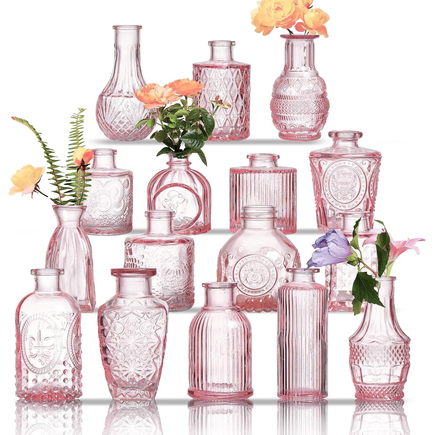 Set Vaze Mini Vintage Design, Modele Gravate din Sticla - Set 16 bucati ...