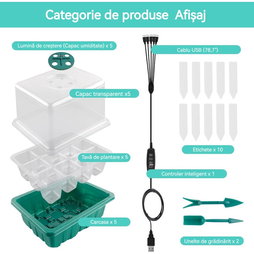 Set 5 Tavi Germinare 60 Celule, cu LED Lampa UV full spectrum, YSBER ...