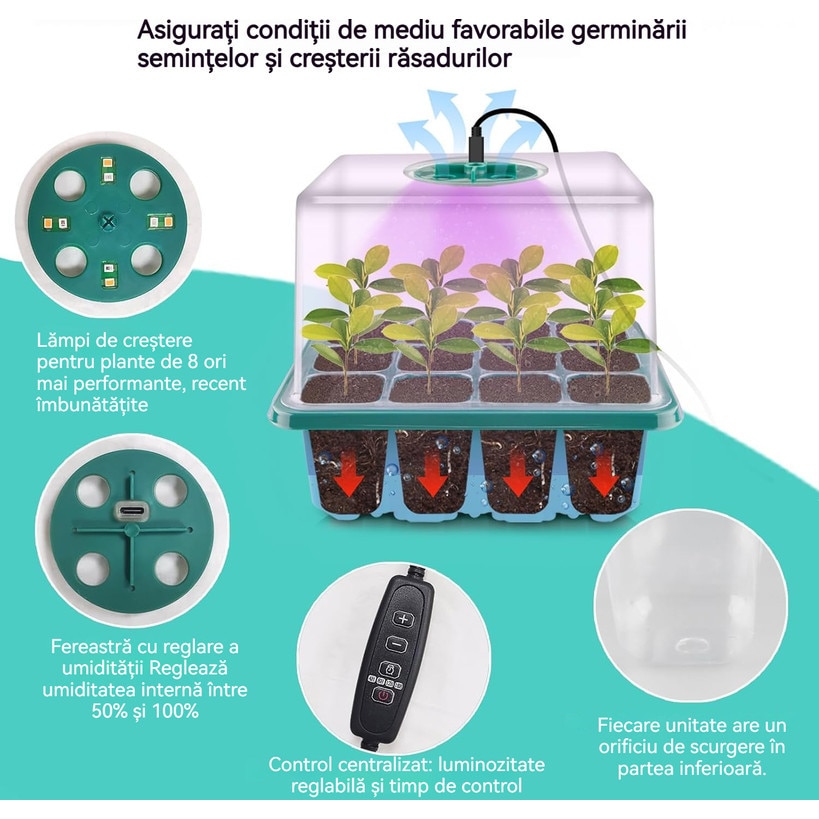 Set 5 Tavi Germinare 60 Celule, cu LED Lampa UV full spectrum, YSBER ...