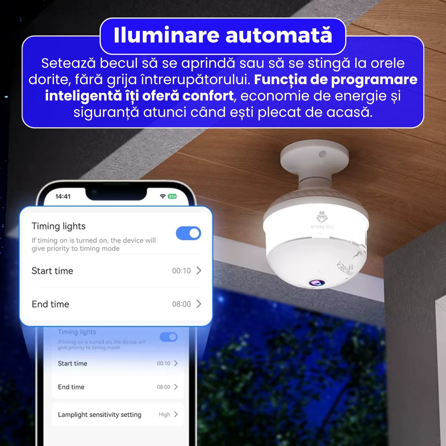 Camera de supraveghere tip bec, Spionescu, WiFi, 360°, rezolutie 3MP ...