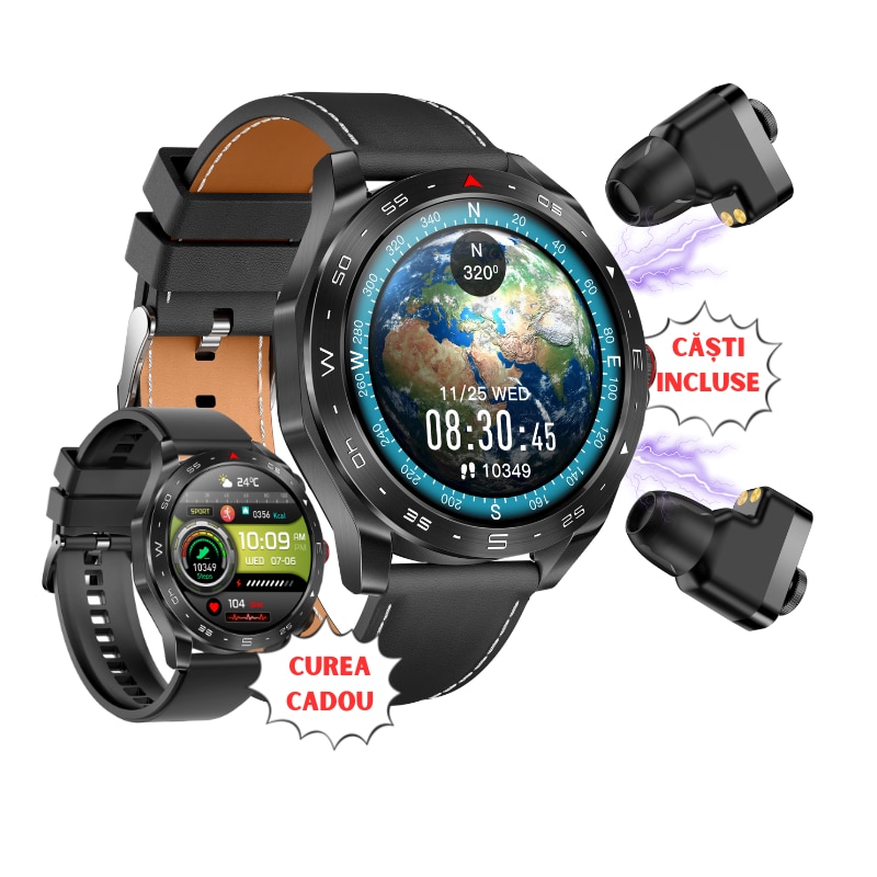 Ceas Smartwatch 2 in 1 cu Casti Bluetooth, Apeluri, Notificari, SMS ...