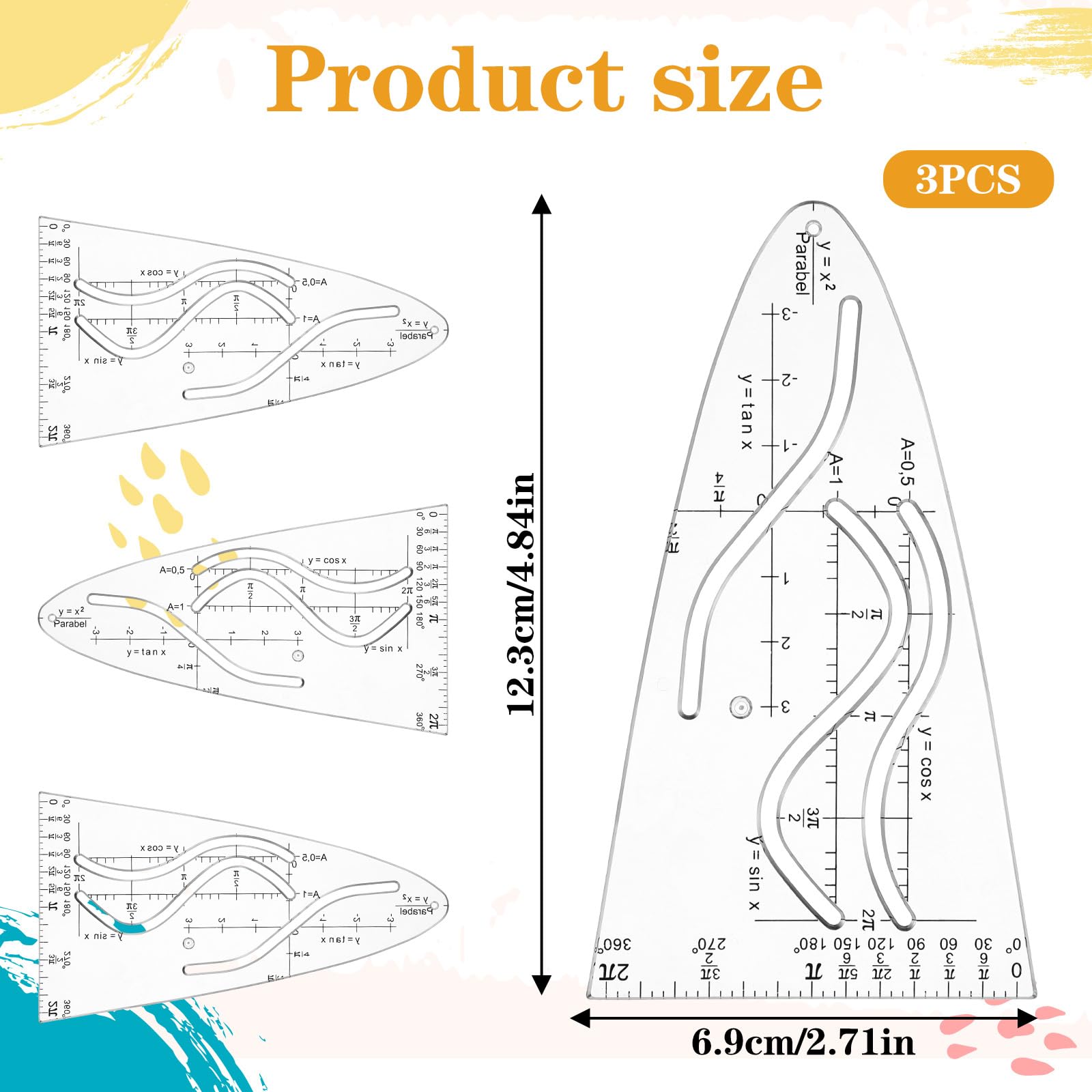 Sablon desen parabole, Set 3 bucati, Plastic, Pentru matematica si ...