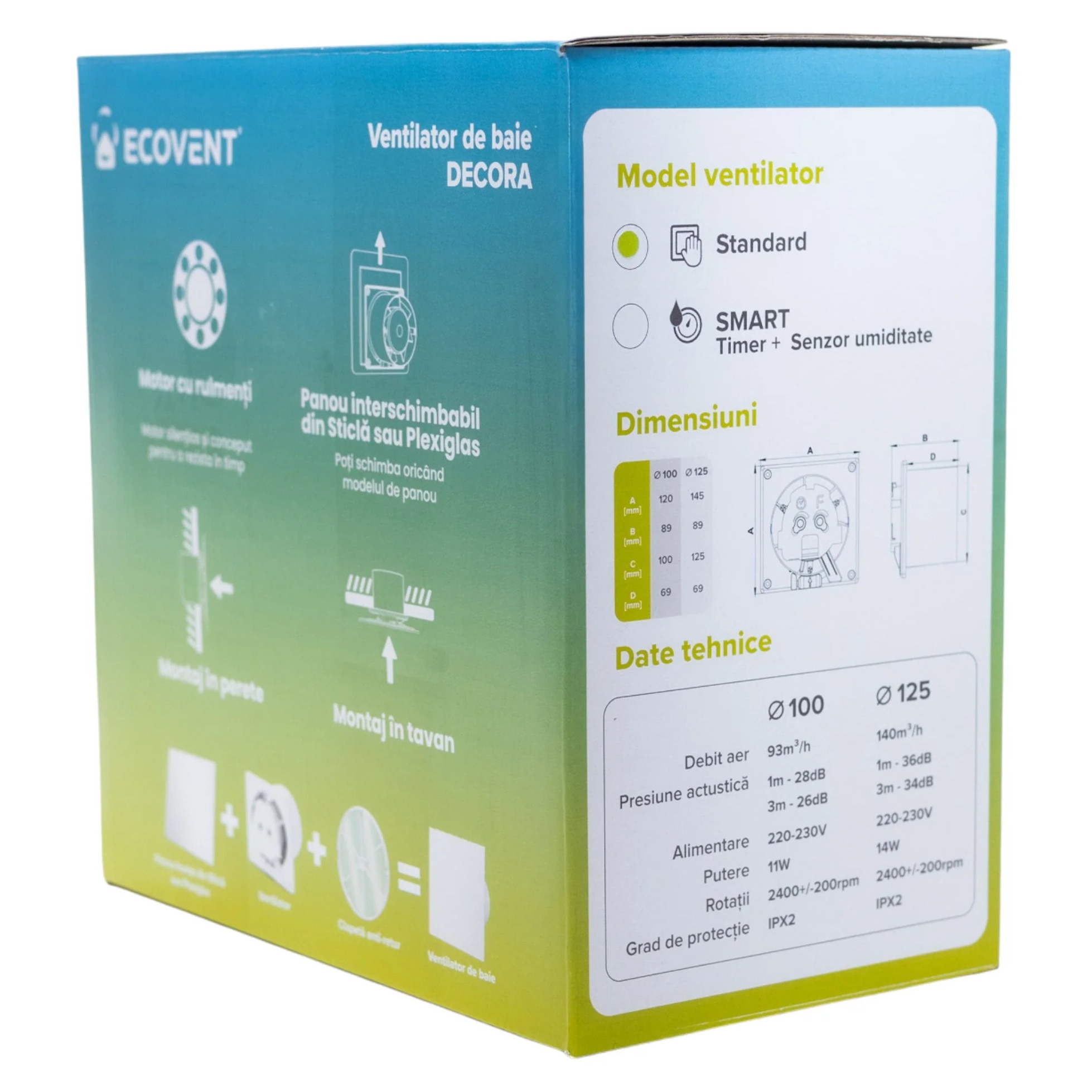 Ventilator de baie Ecovent DECORA SMART, Super Silent, Negru Mat, O100 ...