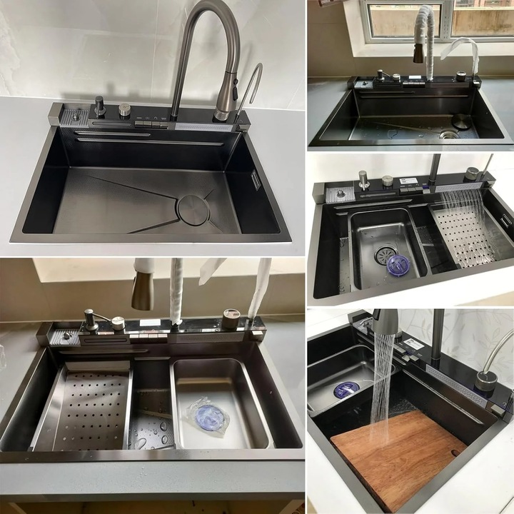 Chiuveta Bucatarie Multifunctionala Vivendo®, Negru Grafit, cu 2 ...