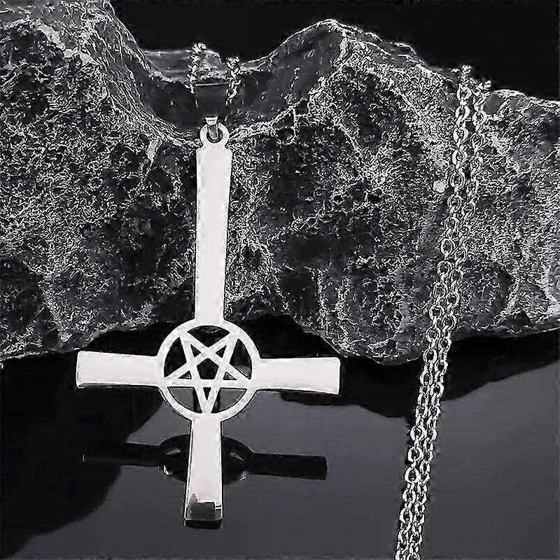 Lant cu cruce inversata si pentagrama oculta, bijuterii Lucifer, inox ...
