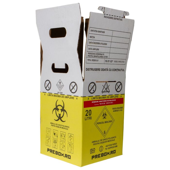 Cutie deseuri medicale 20L cu sac galben Biohazard si banda rosie ...