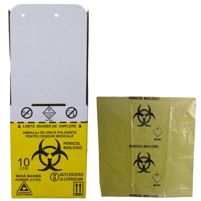 Cutie deseuri medicale 10L cu sac galben Biohazard, carton 3 straturi ...