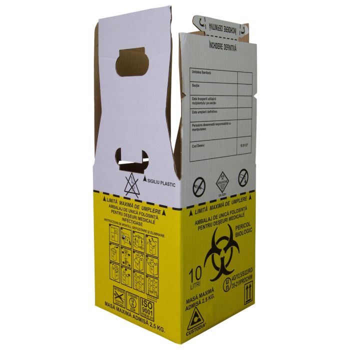 Cutie deseuri medicale 10L cu sac galben Biohazard, carton 3 straturi ...