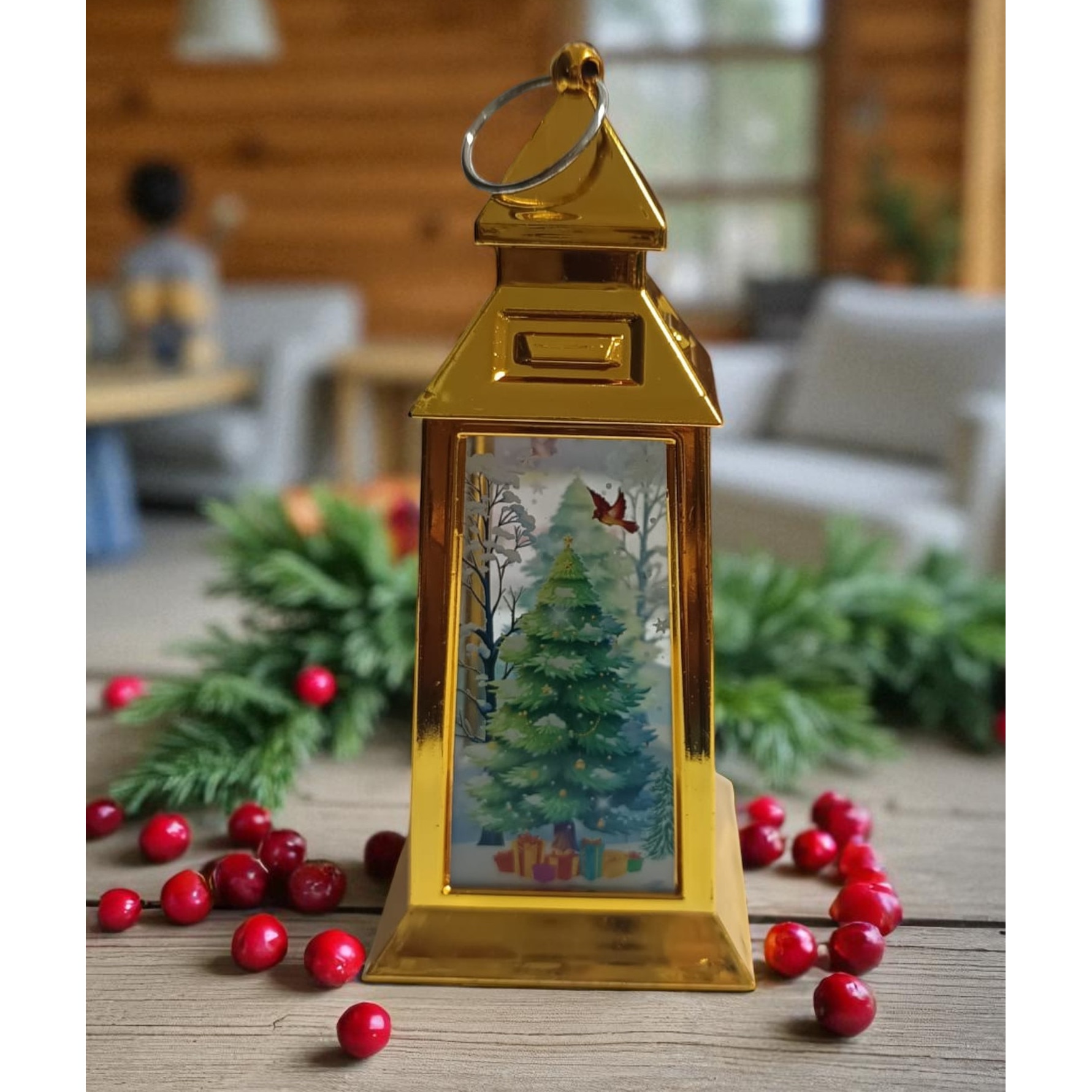 Felinar decorativ cu LED, modele brăduț, 12 cm, auriu, funcționează cu ...