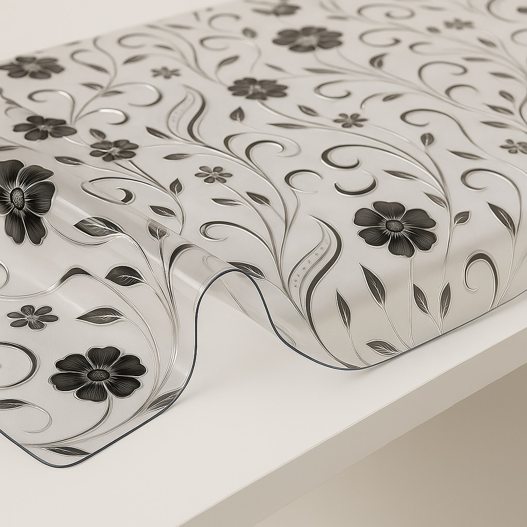 Protectie de masa din silicon transparent gros 60x100 cm, 1.2 mm – model floral argintiu cu ...