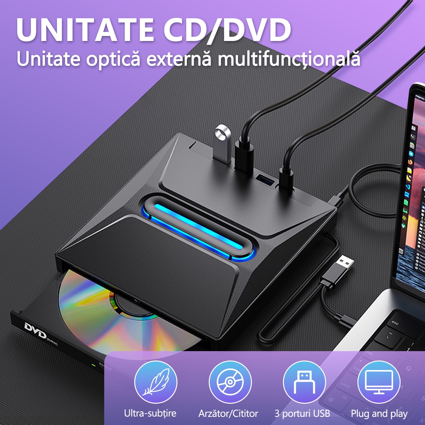 7 IN 1 Unitate CD/DVD externa pentru laptop, Yulinland®, Plug & Play ...