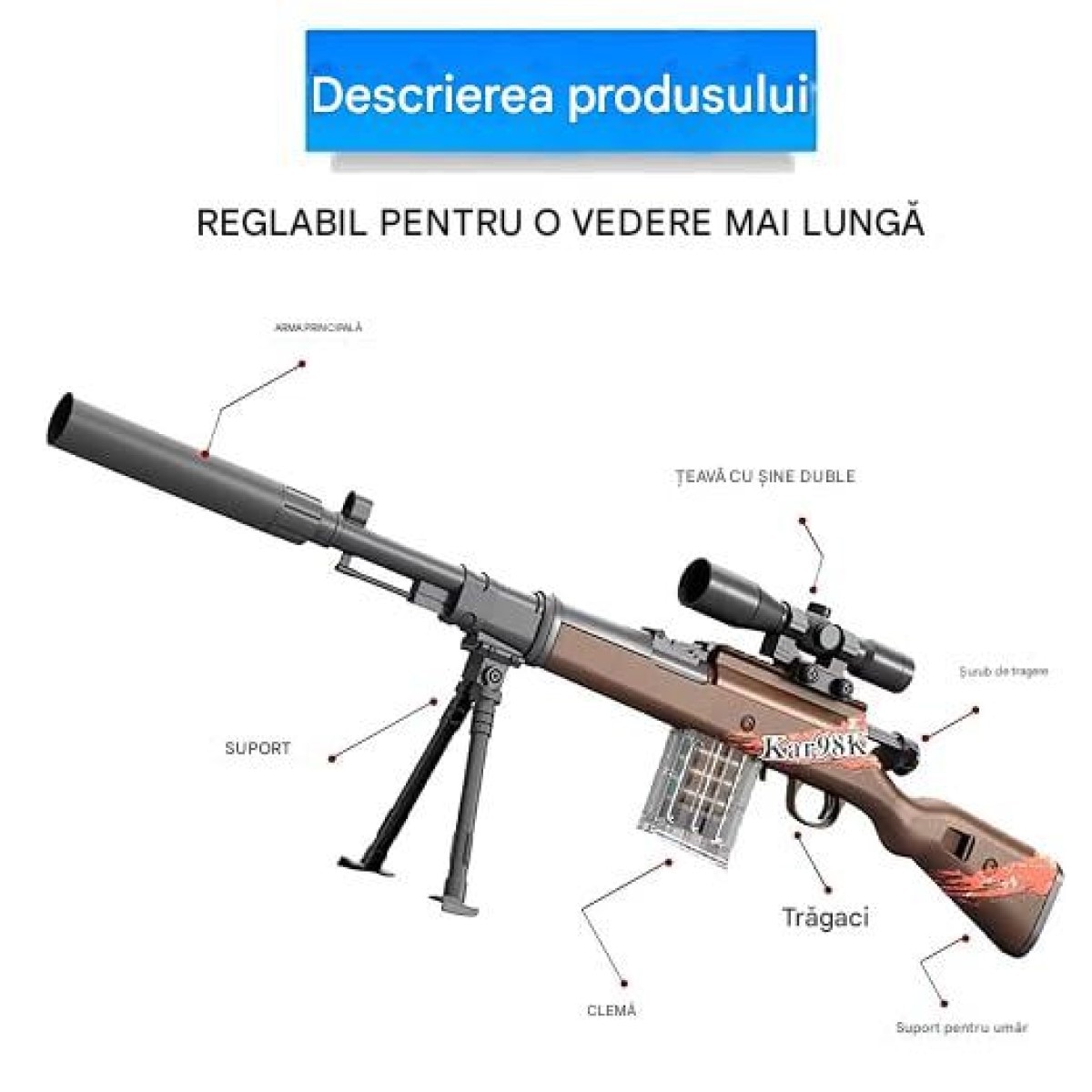 Pusca de jucarie tip NERF Gun sniper Kar98K camuflaj cu 8 gloante EVA ...