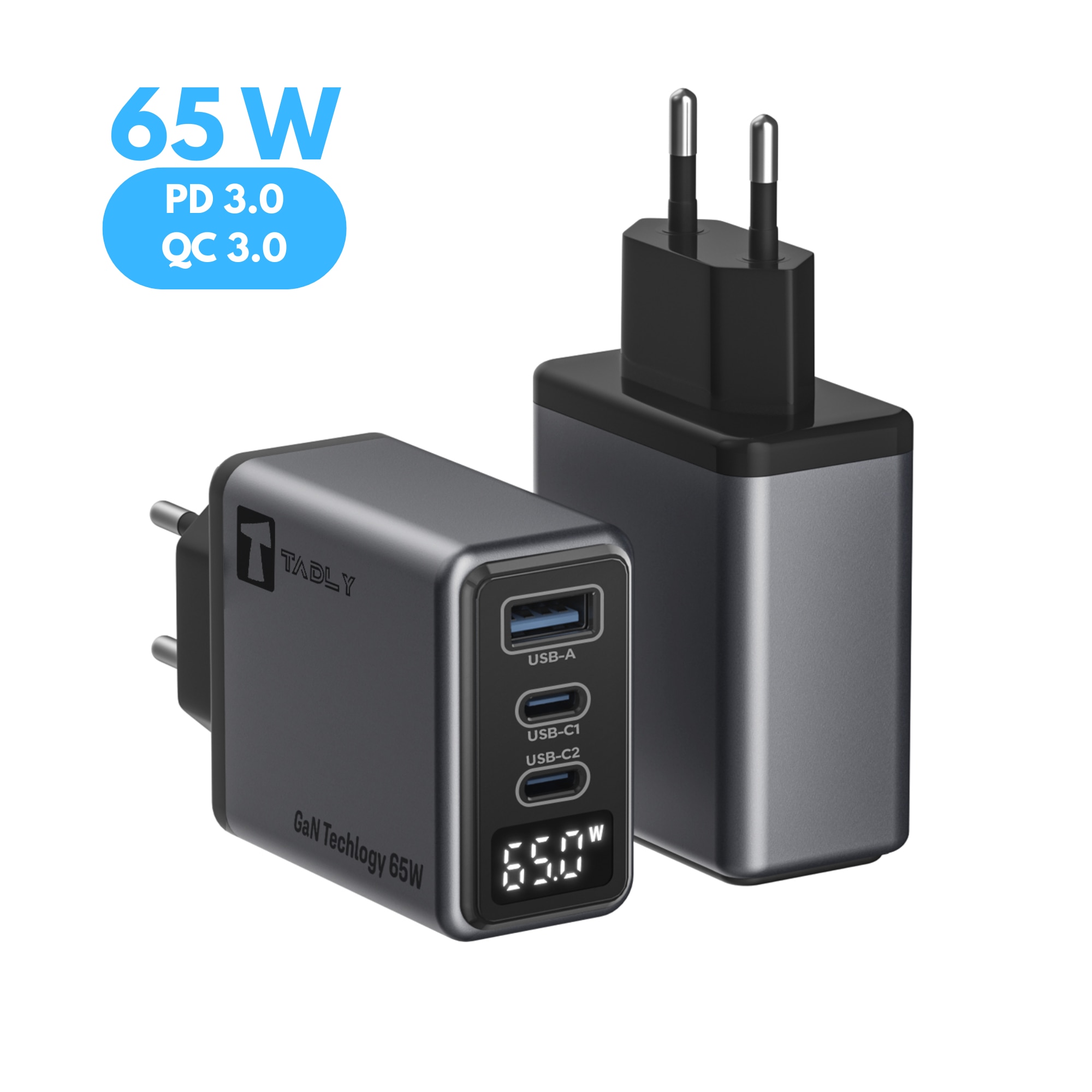 Incarcator retea fast charge, Tadly®, 3 porturi, 65W, 2 x USB-C, 1 x ...