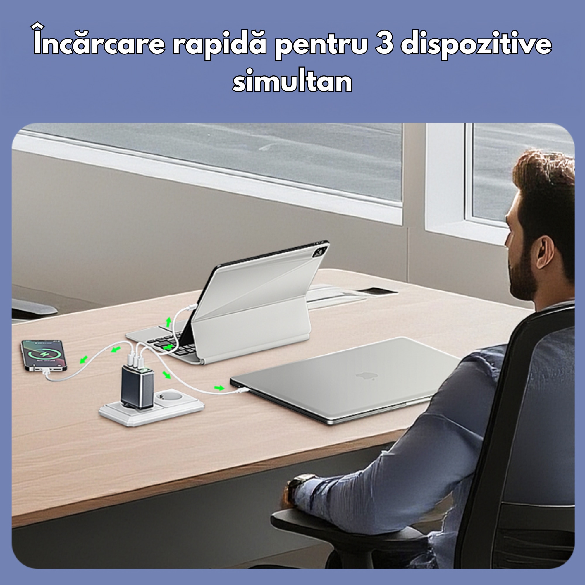 Incarcator retea fast charge, Tadly®, 3 porturi, 65W, 2 x USB-C, 1 x ...