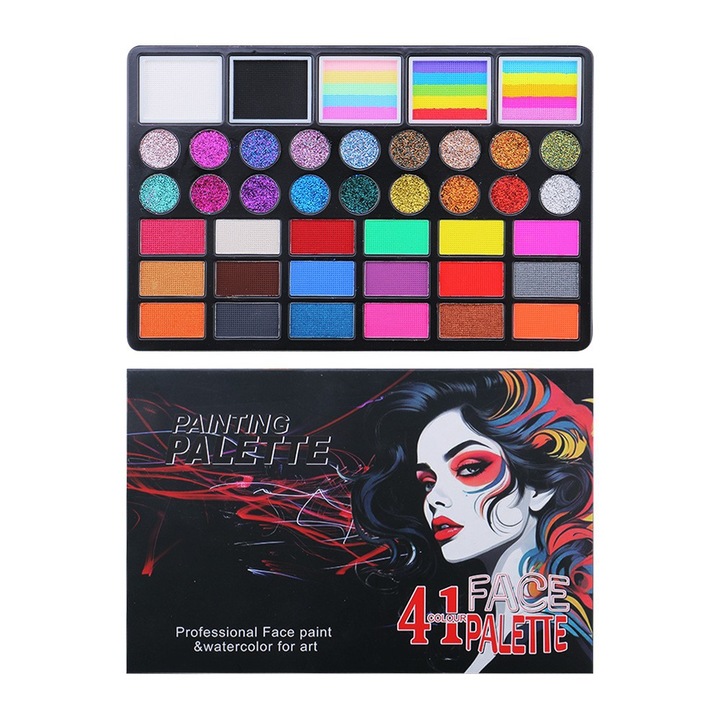 Set de vopsea pentru fata si corp 41 culori, cu glitter si dungi ...