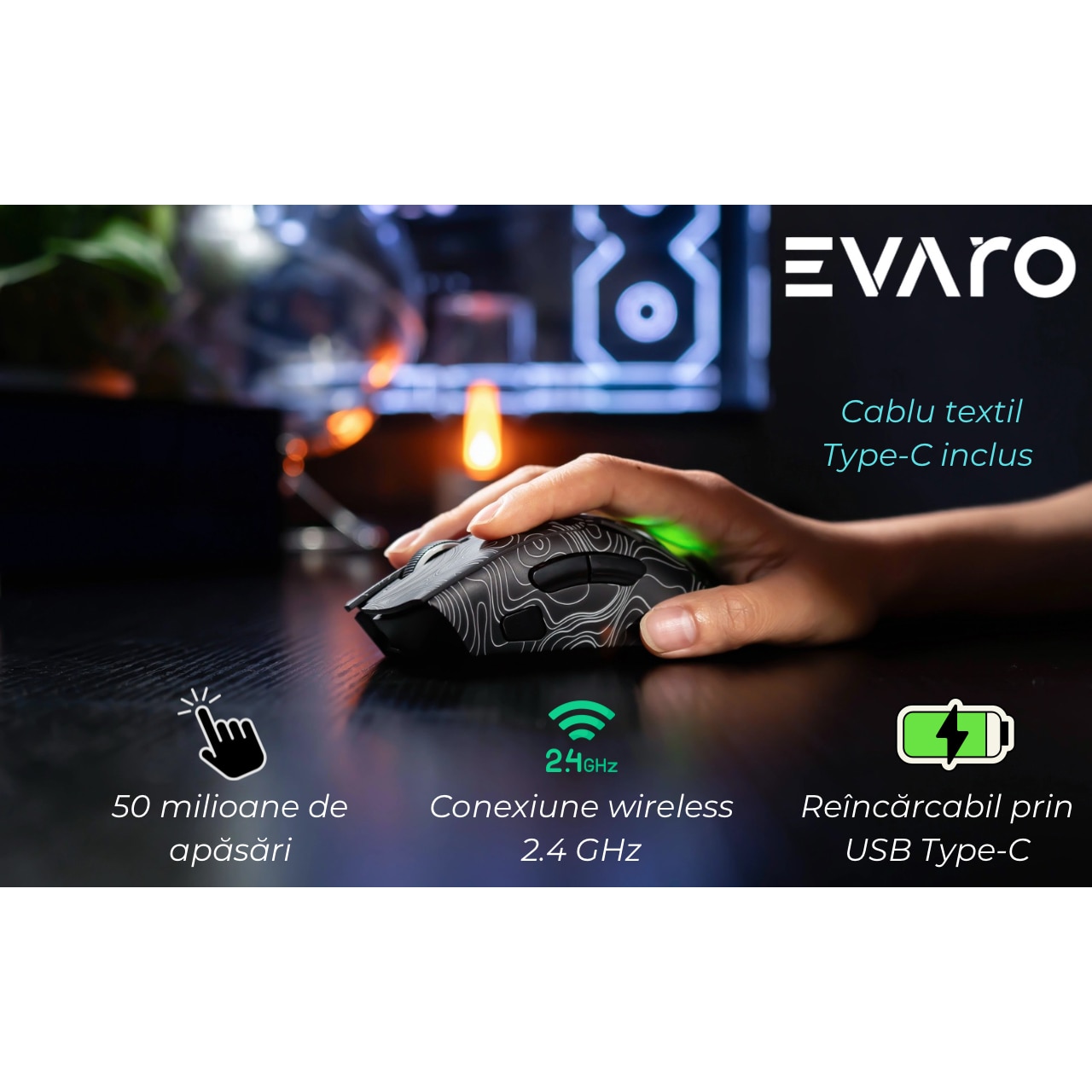 Egér vezeték nélküli Evaro Gaming, RGB LED, FastCharge, 2 programozható ...
