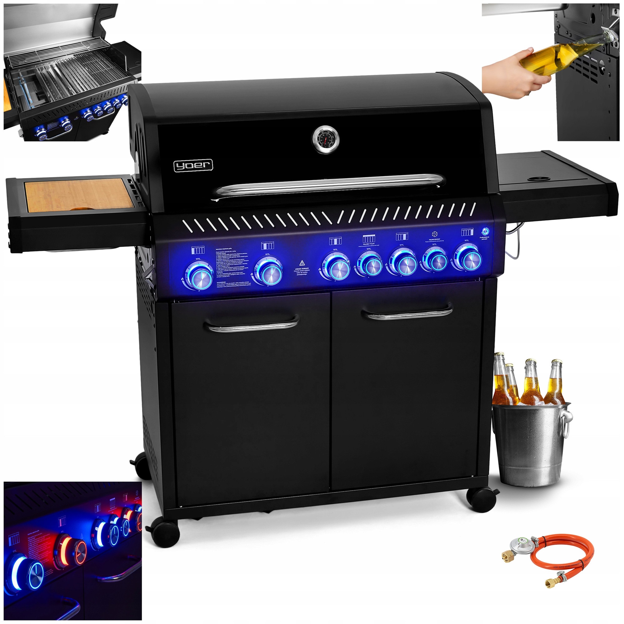 Gratar cu gaz de gradina din FONTA inoxidabil 5+2 Yoer 24,65 kW + dulap ...