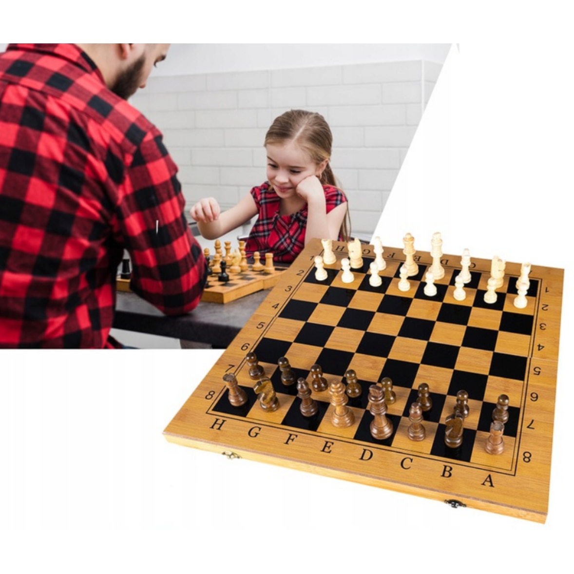 Set de joc 3 in 1 din lemn – Sah, Dame si Backgammon, cu tabla pliabila ...