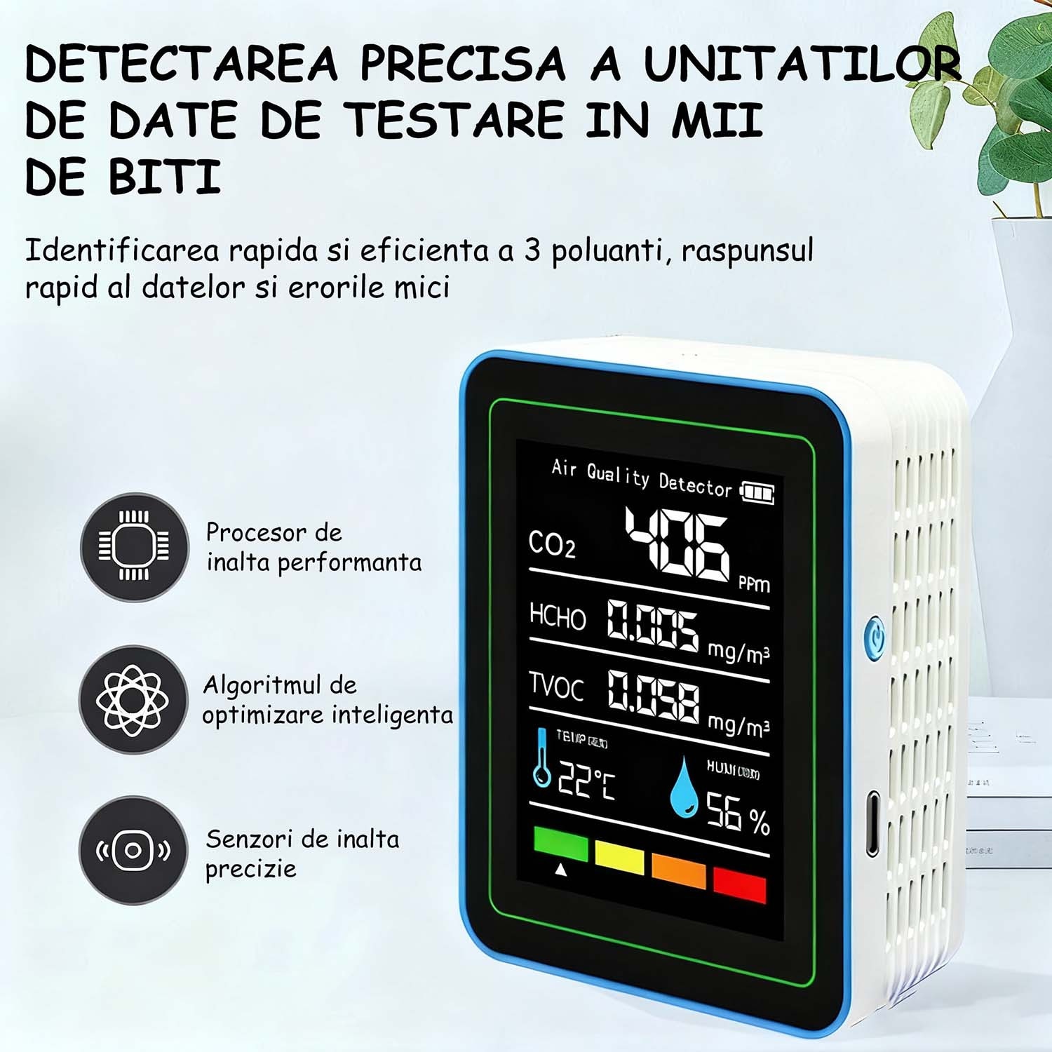 Monitor portabil masurare calitate aer, 5 in 1, detector CO2 dioxid de ...