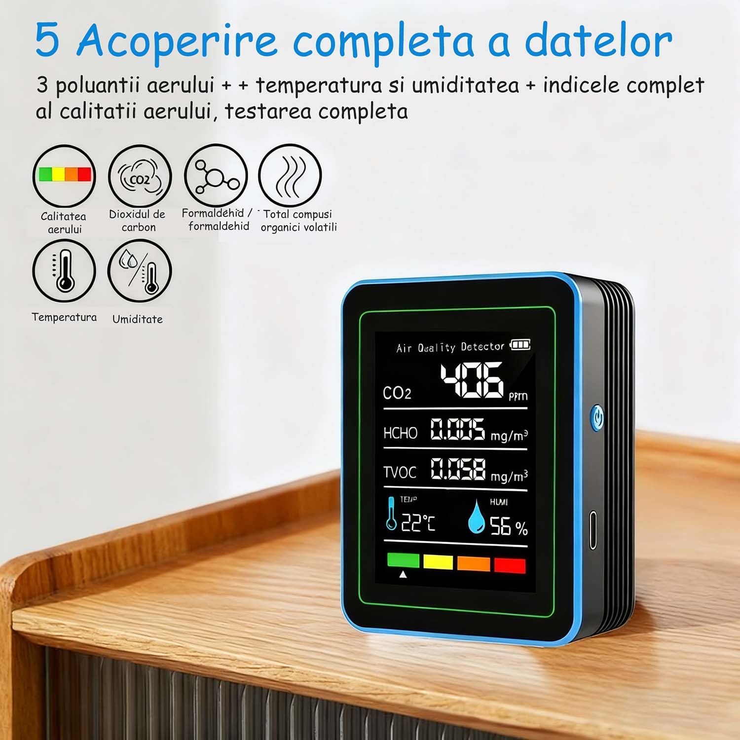 Monitor portabil masurare calitate aer, 5 in 1, detector CO2 dioxid de ...