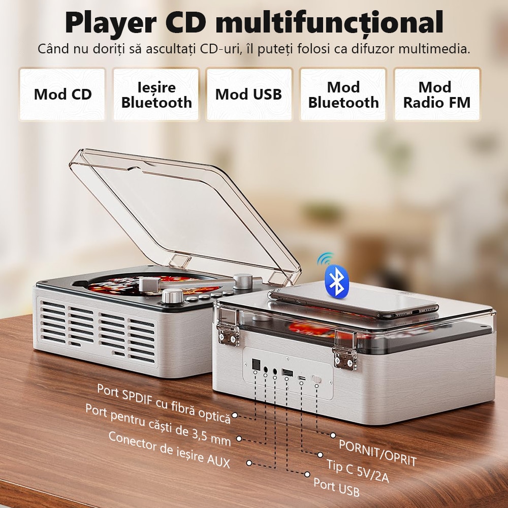 Baowor® CD player portabil multifunctional Bluetooth Difuzoare ...