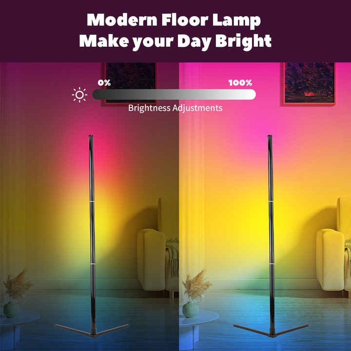 Lampa de podea LED colorata, Bedee, RGB Corner Floor Lamp, dimabil ...