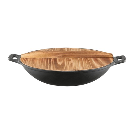 Tigaie wok Ambition, Iron, 32cm, fonta, capac lemn, 2 manere - eMAG.ro
