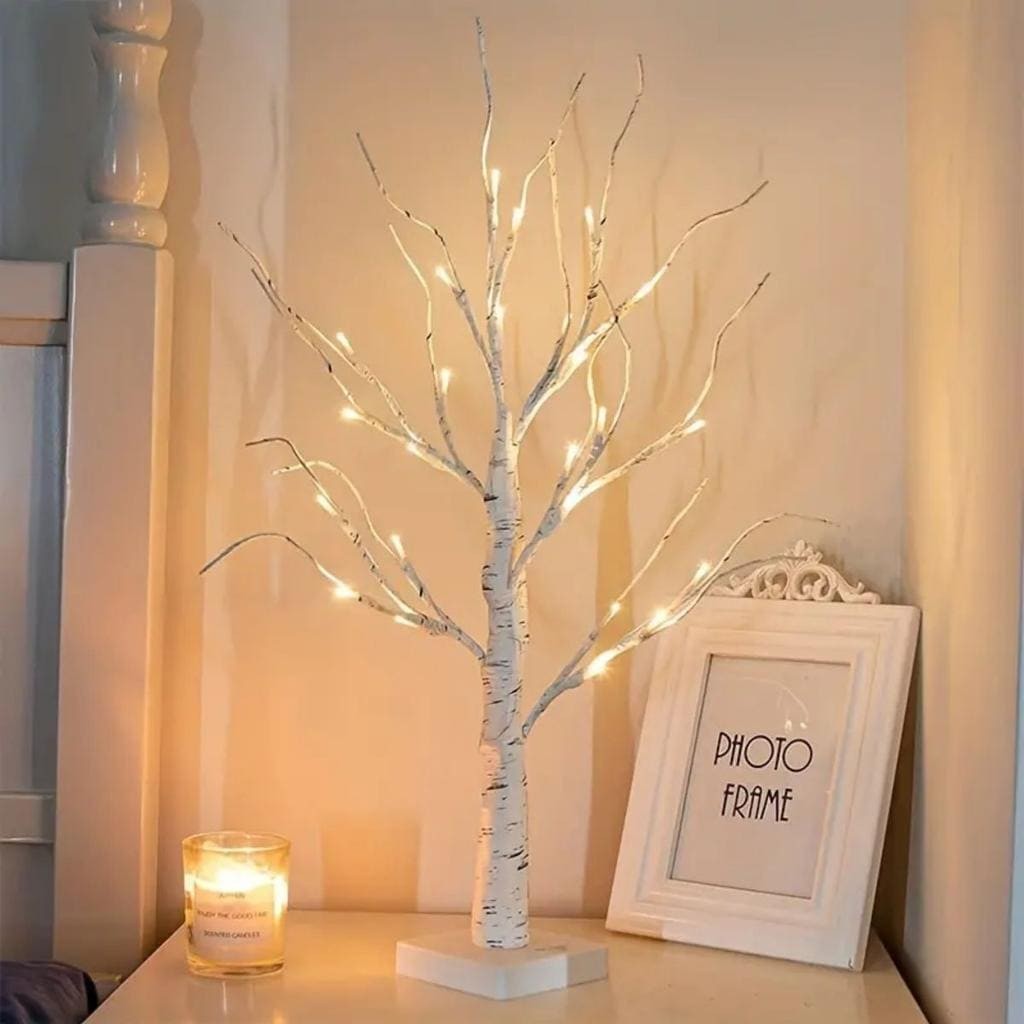 Arbore decorativ mesteacan 60 cm cu 24 LED-uri alb cald, lampa USB si ...