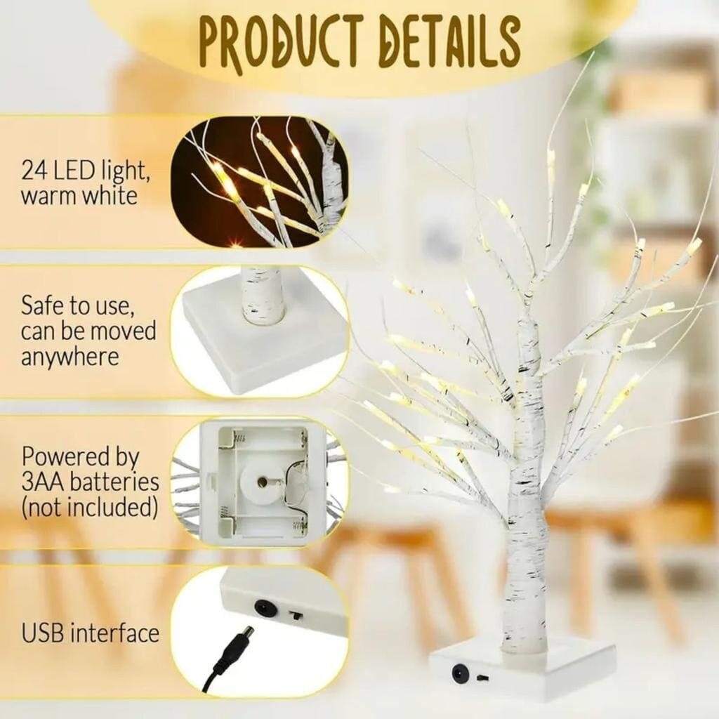 Arbore decorativ mesteacan 60 cm cu 24 LED-uri alb cald, lampa USB si ...