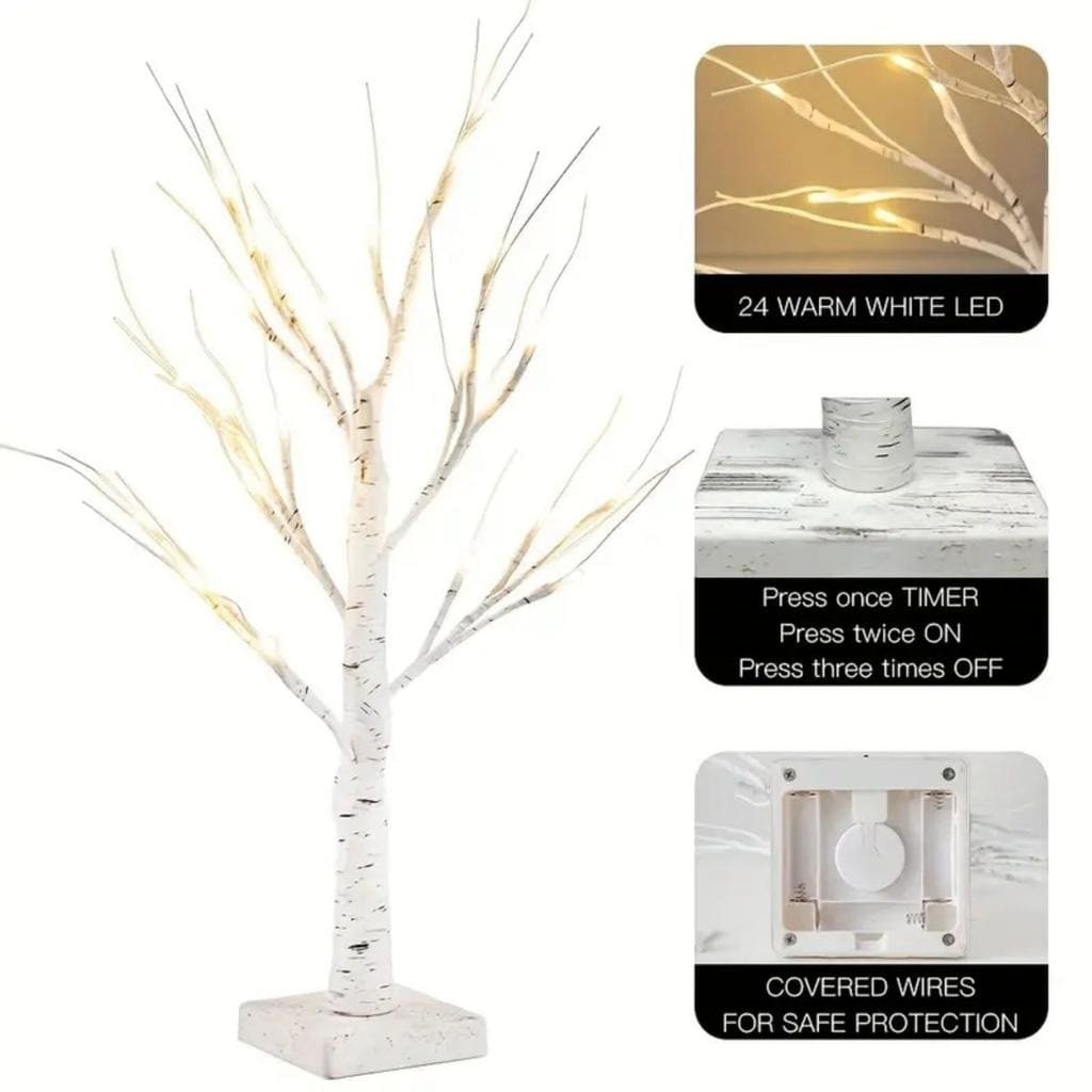 Arbore decorativ mesteacan 60 cm cu 24 LED-uri alb cald, lampa USB si ...