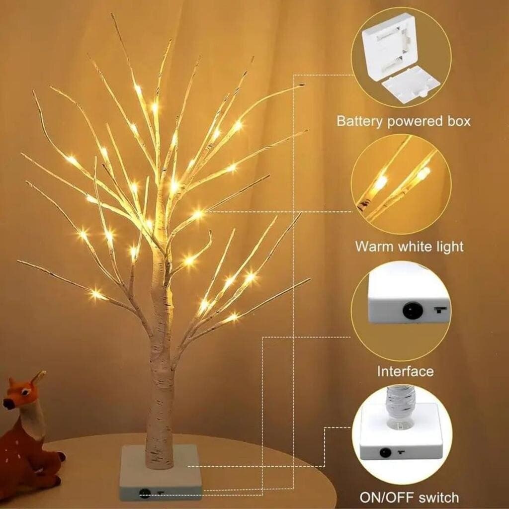 Arbore decorativ mesteacan 60 cm cu 24 LED-uri alb cald, lampa USB si ...