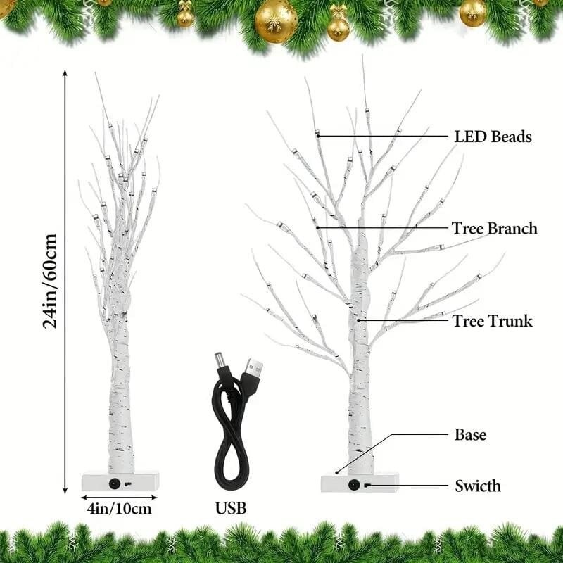 Arbore decorativ mesteacan 60 cm cu 24 LED-uri alb cald, lampa USB si ...
