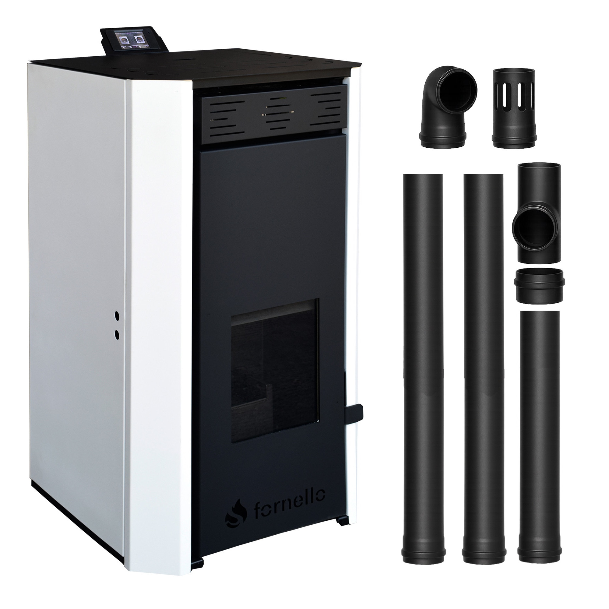 Pachet Termosemineu pe peleți Fornello EVA, 25 kW, alb, cu pompa ...